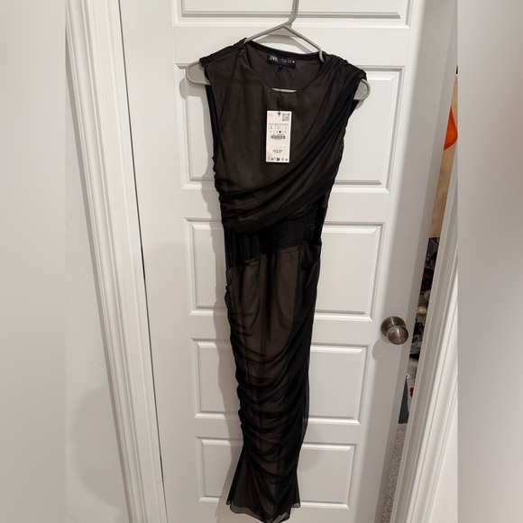 Zara | Dresses | Zara Black Sheer Draped Top | Poshmark